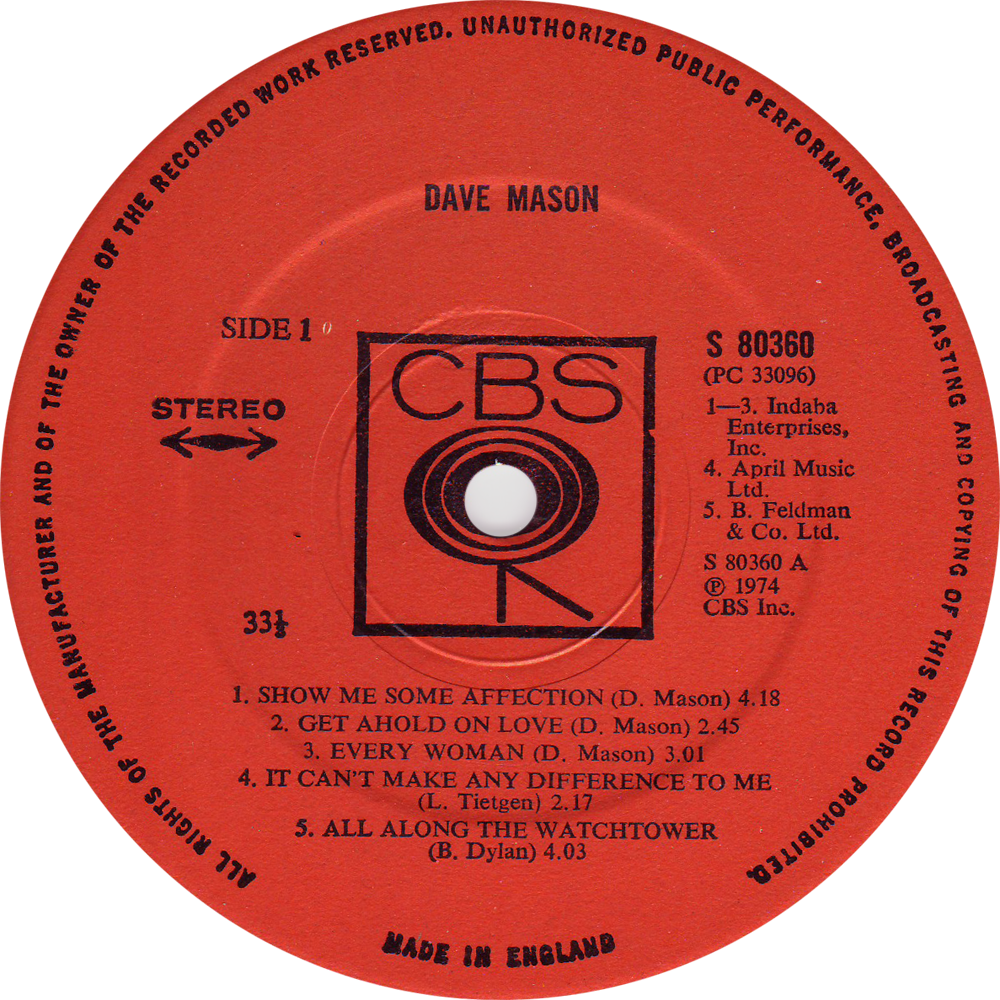 CBS 80360 – Dave Mason | Rare Record Collector